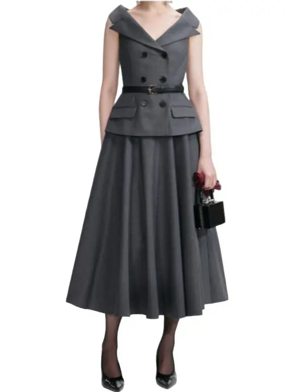 SELF-PORTRAIT Double-breasted Belted Midi Dress - Grey