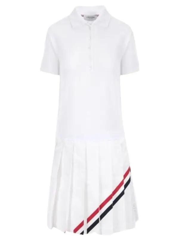 Thom Browne Rwb Stripe Pleated Polo Dress - White
