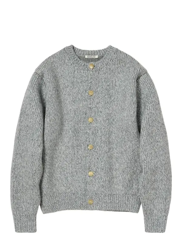 Auralee Double-faced Wool Alpaca Low Gauge Knit Crew-neck Cardigan - Light Gray