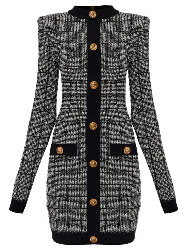Balmain Tweed Long-sleeve Dress With Decorative Buttons - Black