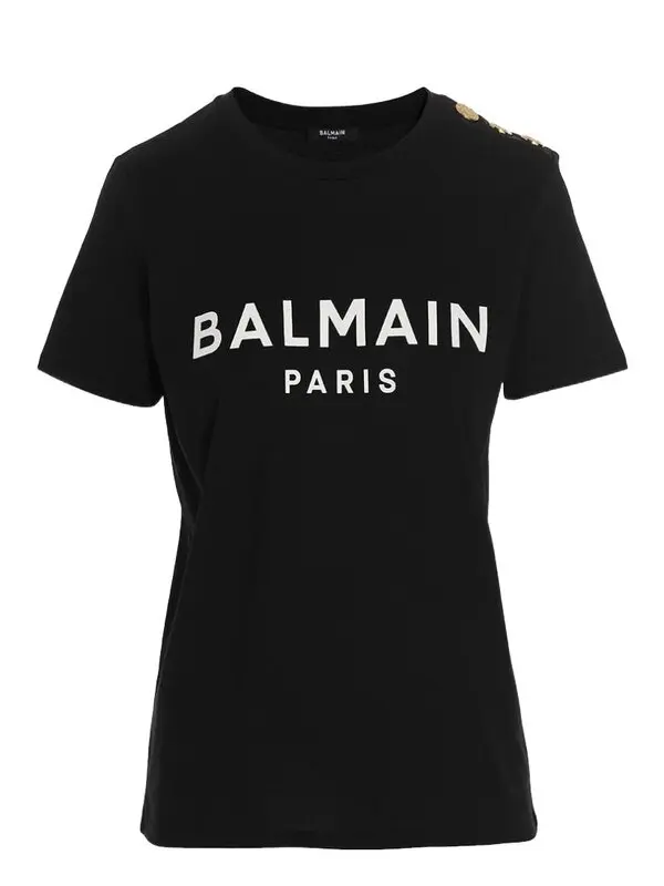 Balmain Logo Print Crewneck T-shirt With Embellished Shoulders - Black