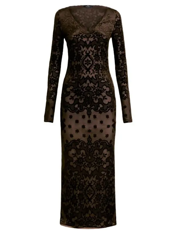 Etro Floral Jacquard Velvet V-neck Long Sleeve Dress - Black