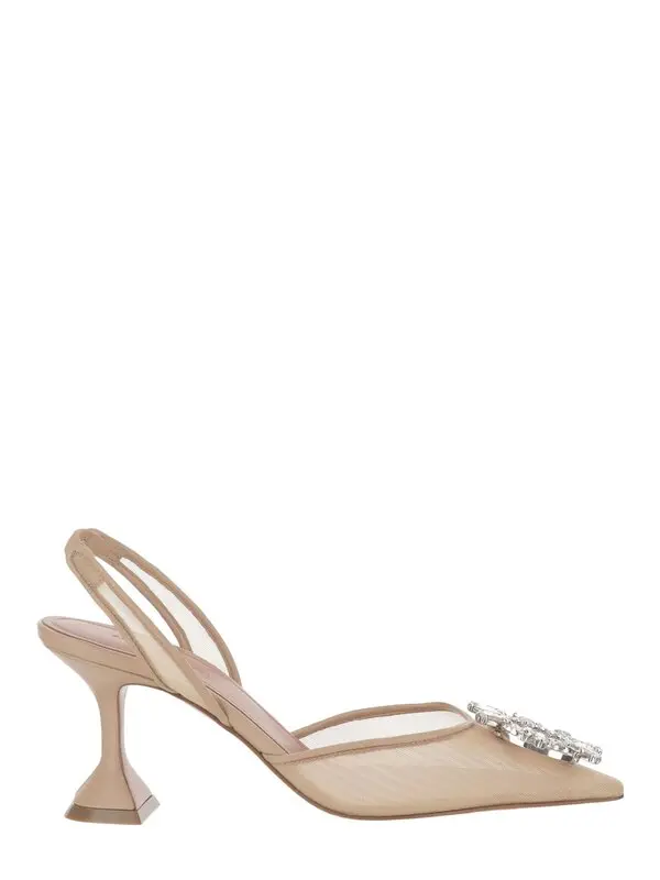 Amina Muaddi Mesh Slingback Sandals With Crystal Embellishments - Nude