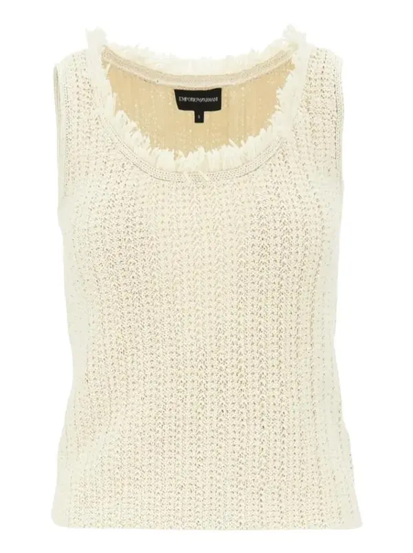 Emporio Armani Sleeveless Knitted Top With Frayed Neckline - White