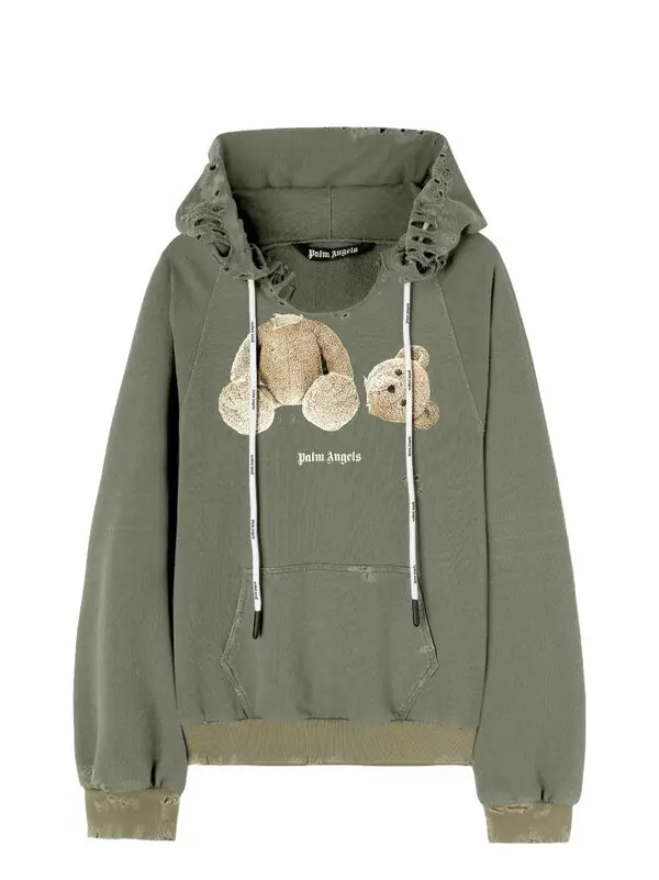 Palm Angels Logo Printed Distressed Hoodie - Green