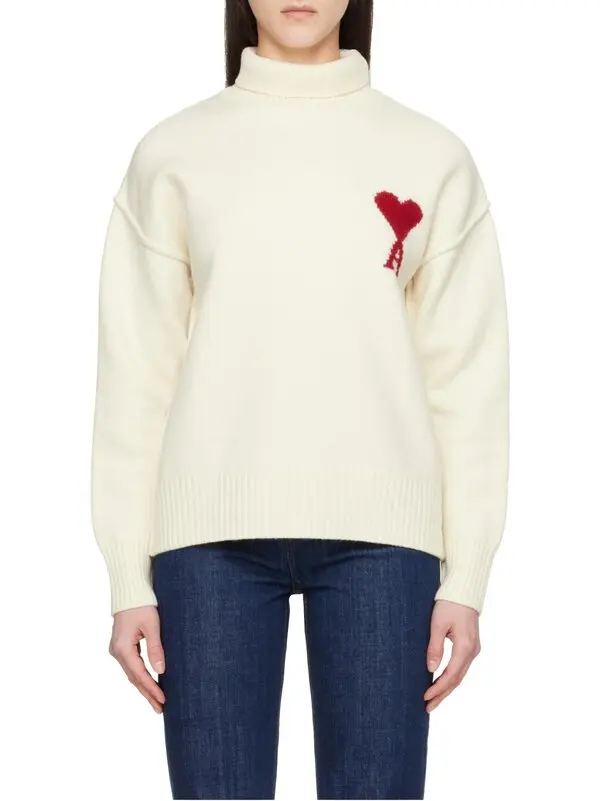 Ami Funnel Neck Sweater With Heart Intarsia - Milky White