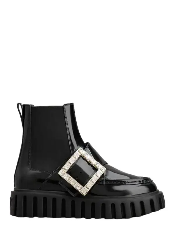 ROGER VIVIER Viv' Go-thick Strass Buckle Chelsea Ankle Boots In Patent Leather - Black