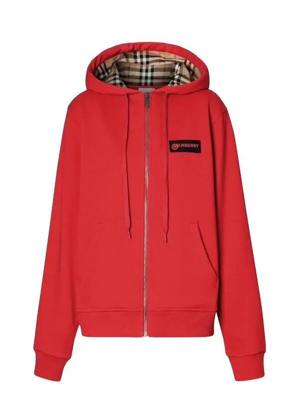 Burberry Checked Hooded Zip-up Sweatshirt - Red