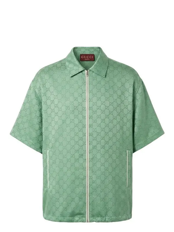 Gucci Relaxed Fit Gg Satin Zip Shirt - Lime Green