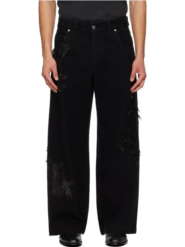 SONG FOR THE MUTE Belt-loop Jeans With Sequined Frayed Appliqué Details - Black