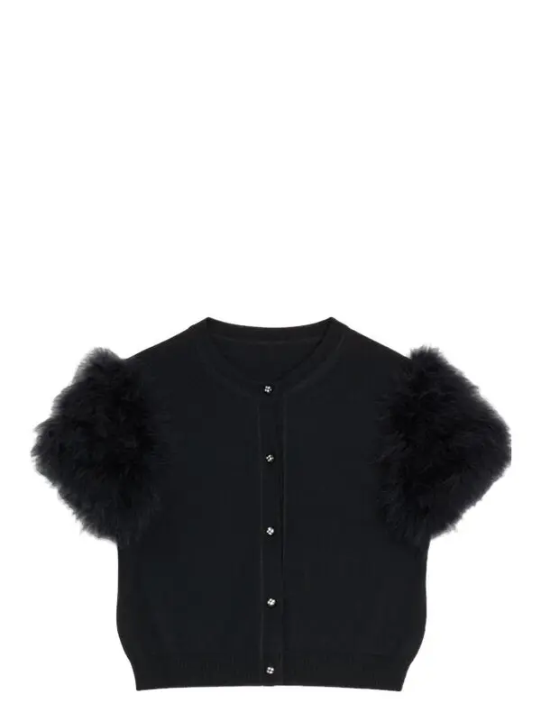 Valentino Garavani Crewneck Short Sleeve Knitted Cardigan With Feather Detail - Black