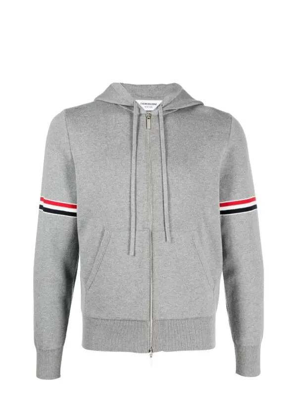 Thom Browne Zip-up Drawstring Hoodie With Signature Stripes - Light Gray
