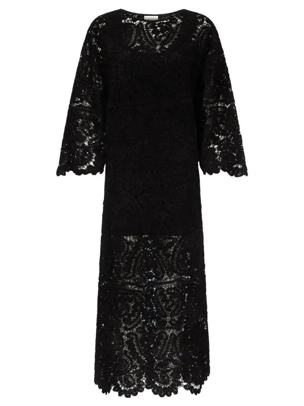 Loulou De Saison Crochet Pattern Bell Sleeve Midi Dress - Black