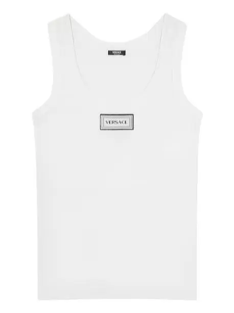 Versace Ribbed Sleeveless Top With Retro Logo Patch - White