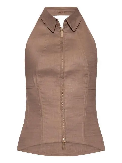 Cult Gaia Halter Neck Zip-up Open Back Top - Brown