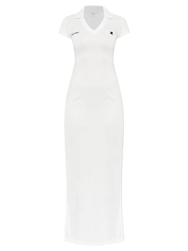 COURREGES Short Sleeve Maxi Dress With V-neck And Logo - White