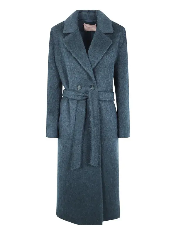 TWINSET Self-tie Belted Double-breasted Coat - Blue