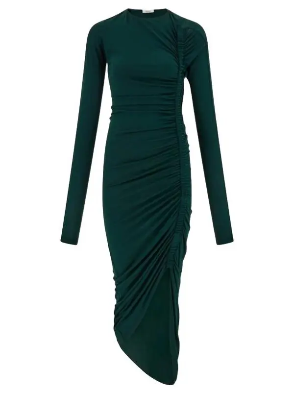 FERRAGAMO Asymmetrical Ruched Midi Dress - Moss Green