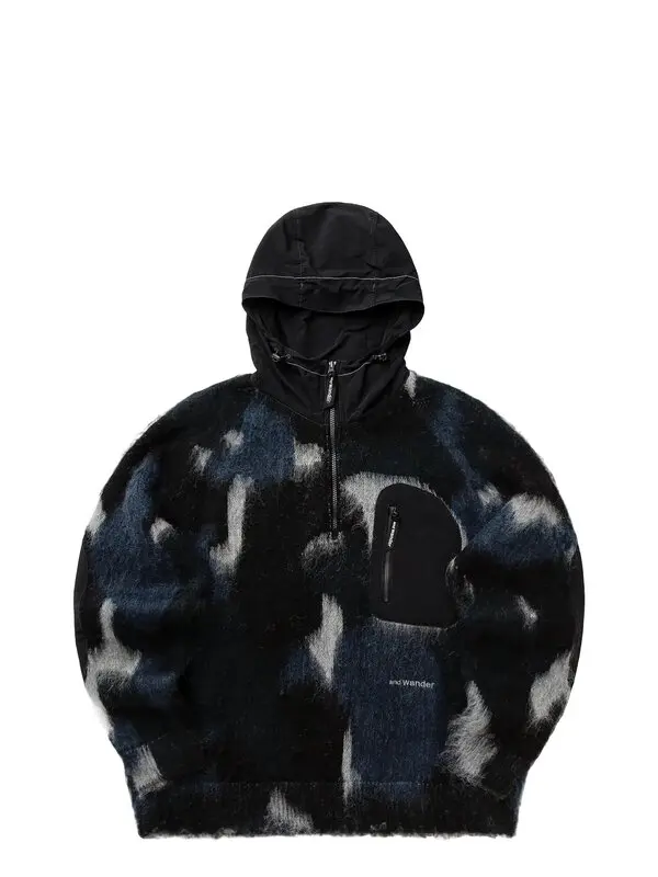 AND WANDER Shaggy Knit Hoodie With Camouflage Pattern - Black