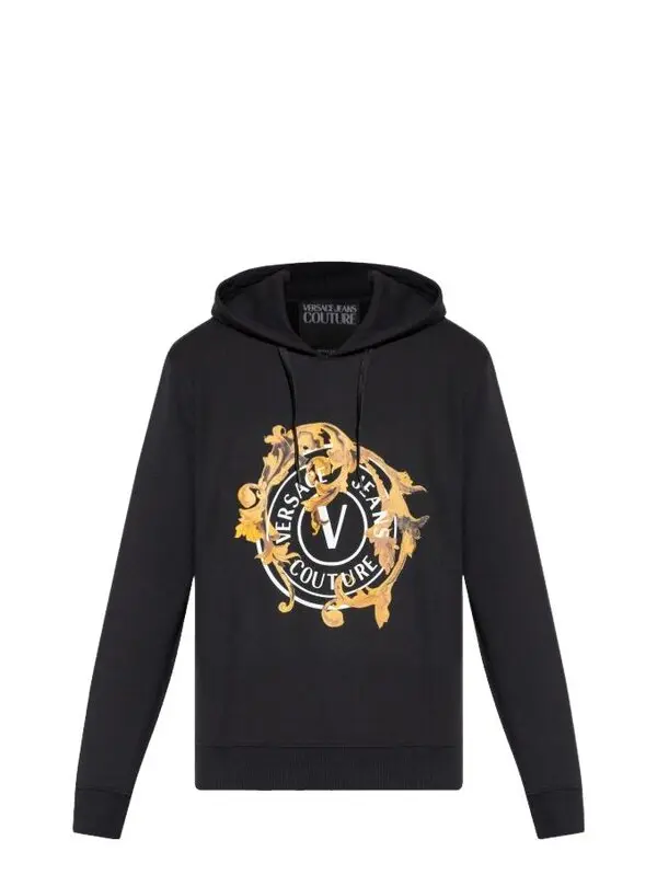 Versace Logo Printed Drawstring Hoodie - Black