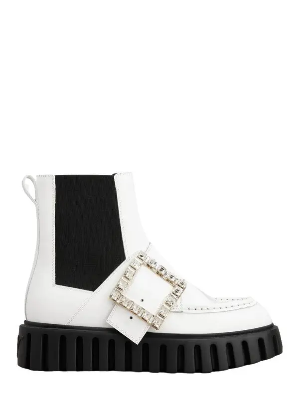 ROGER VIVIER Viv' Go-thick Strass Buckle Chelsea Ankle Boots In Patent Leather - White