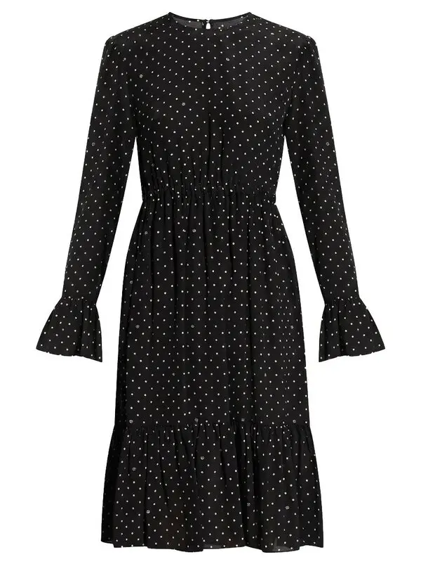 Gucci Polka Dot Long Sleeve Midi Dress With Ruffle Details - Black