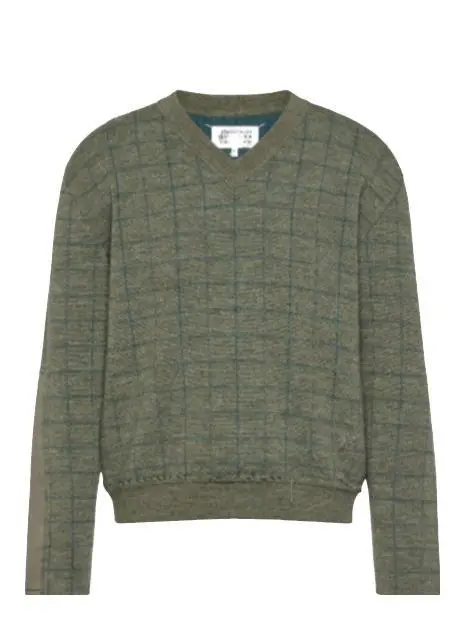 MAISON MARGIELA Long Sleeve V-neck Checked Virgin Wool Jumper - Military Green