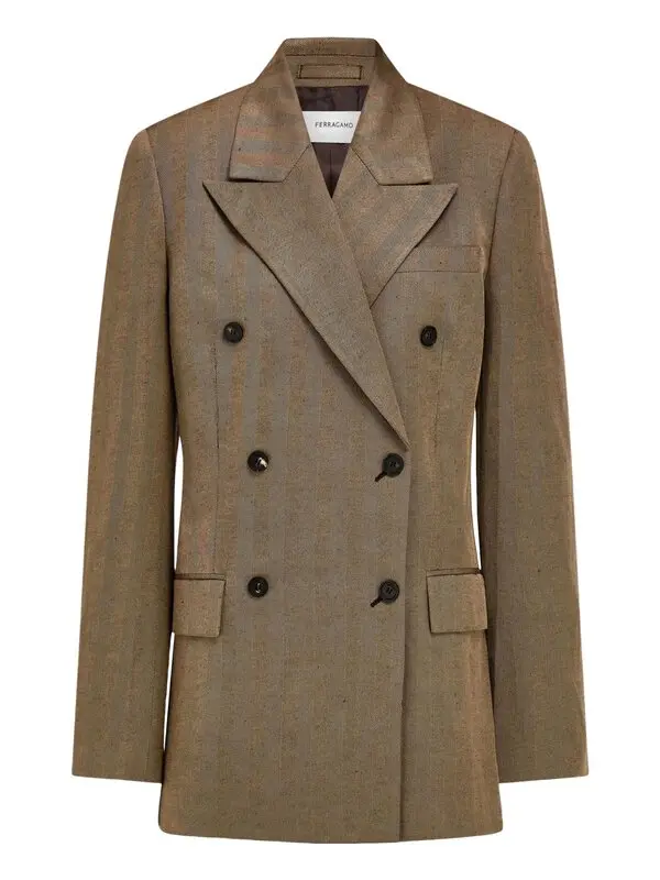 FERRAGAMO Double Breasted Linen Blend Blazer - Espresso/safari