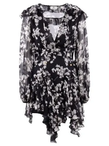 Elisabetta Franchi Ruffled Voile Printed Dress - Black