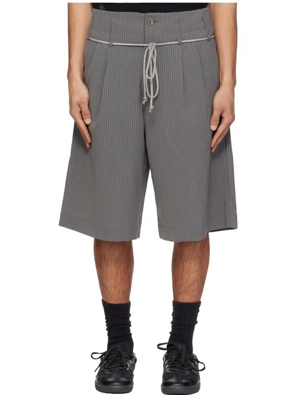 SONG FOR THE MUTE Belt Loop Pinstriped Pleated Shorts - Grey