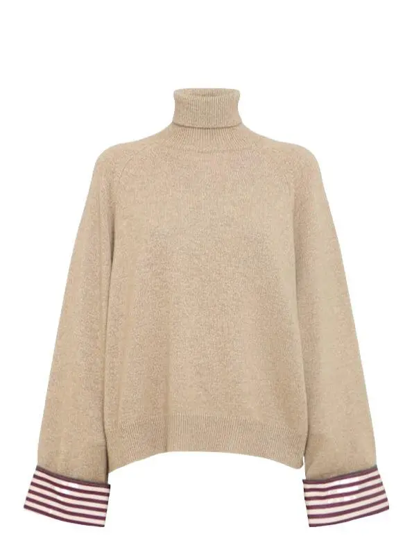 Brunello Cucinelli Cashmere Ribbed Turtleneck Sweater With Detachable Cuffs - Nude
