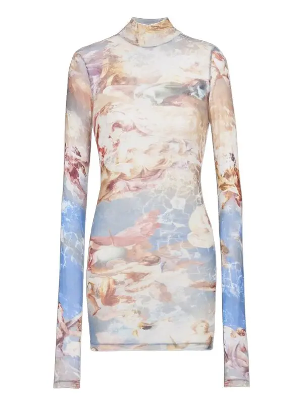 Balmain Sky Printed Long Sleeve Tulle Top - White