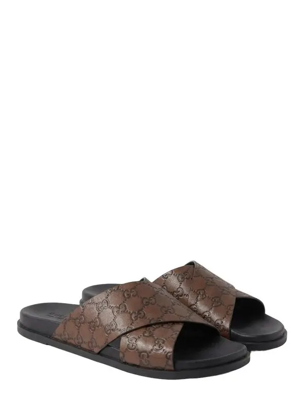 Gucci Embossed Gg Leather Slide Sandals - Brown