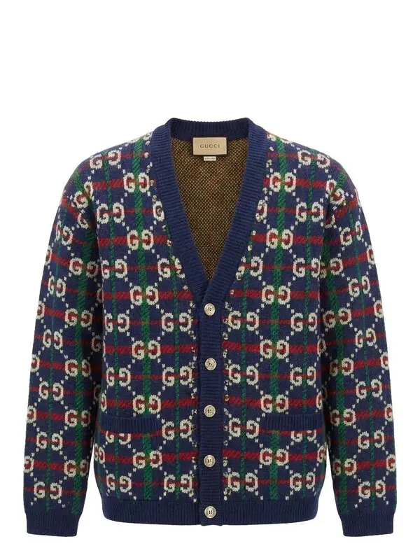 Gucci Gg Supreme Checked Wool Buttoned Cardigan - Blue