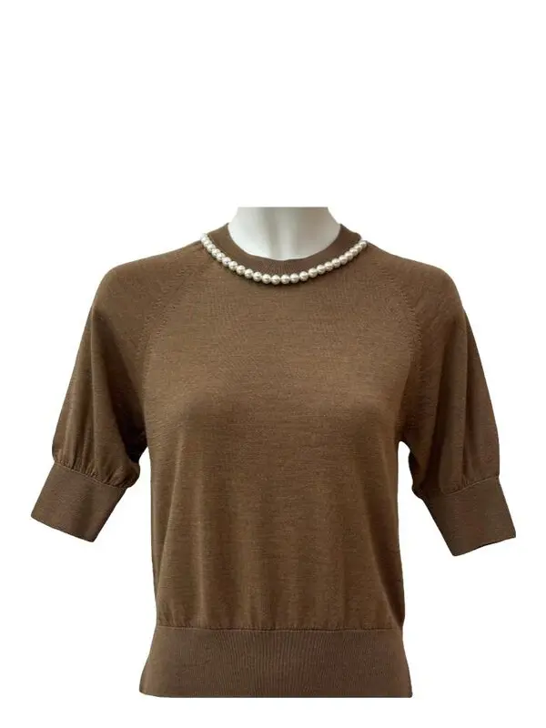 Simone Rocha Crew Neck Short-sleeved Sweater With Pearl Embellishments - Maroon