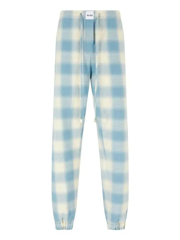 Attico Long Wool Cotton Check Pants - Light Blue And White