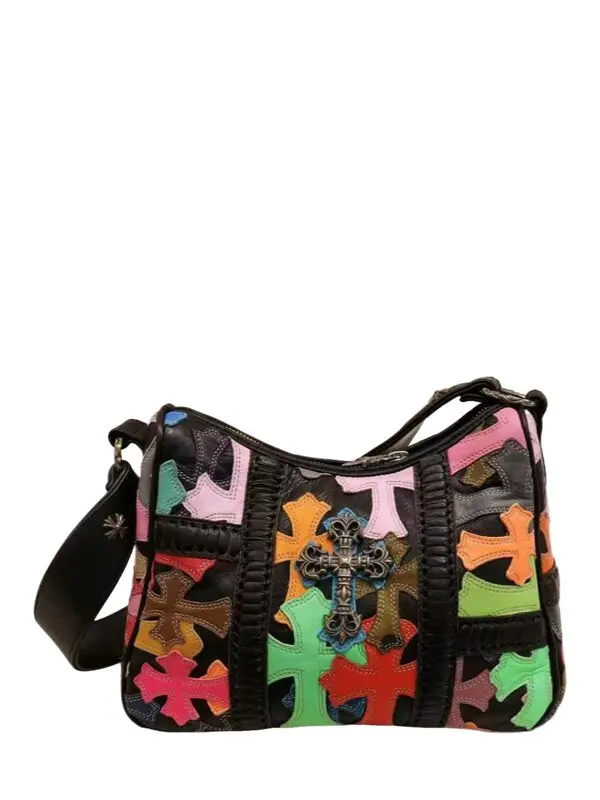 Chrome Hearts Leather Cross Applique Zipper Shoulder Bag - Black