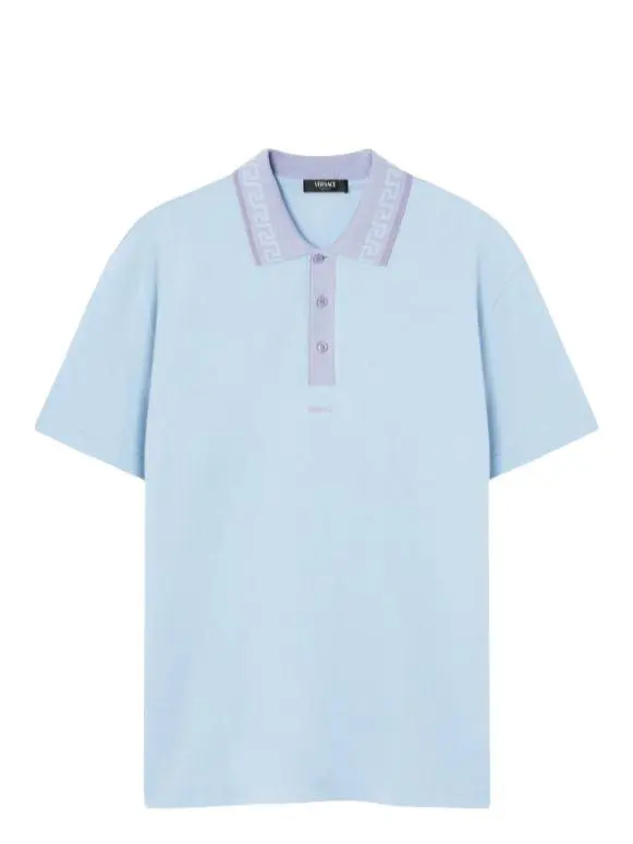 Versace Greca-collar Short-sleeved Polo Shirt - Light Blue