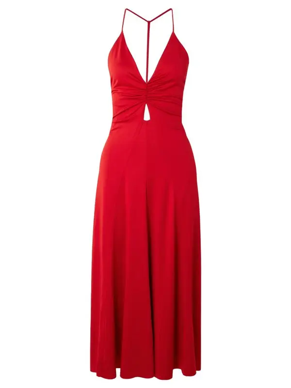 Victoria Beckham Satin Knit Plunge Neck Cutout Midi Dress - Red