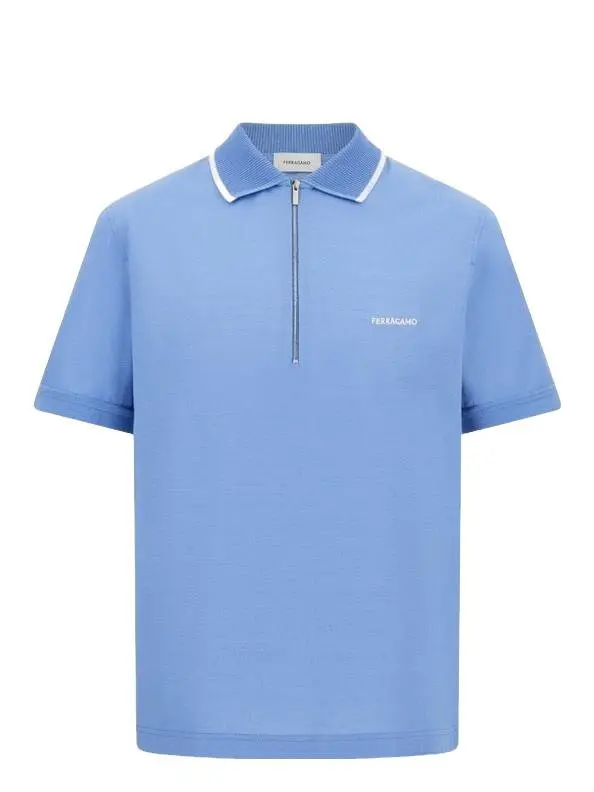 FERRAGAMO Logo Embroidered Half-zip Polo Shirt - Blue/white