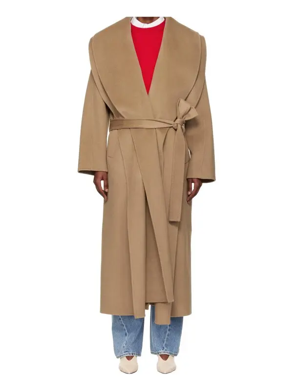 RÓHE Long Sleeve Shawl Collar Belted Coat - Camel