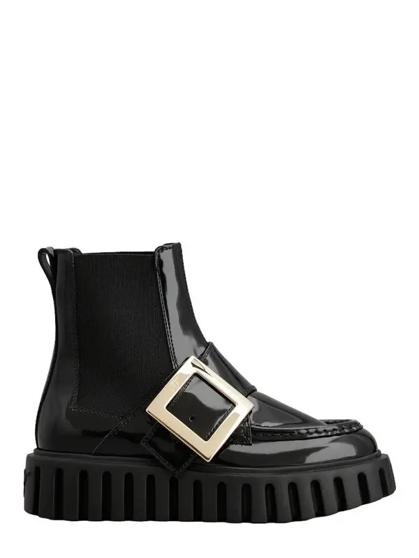 ROGER VIVIER Viv' Go Thick Metal Buckle Chelsea Ankle Boots In Patent Leather - Black