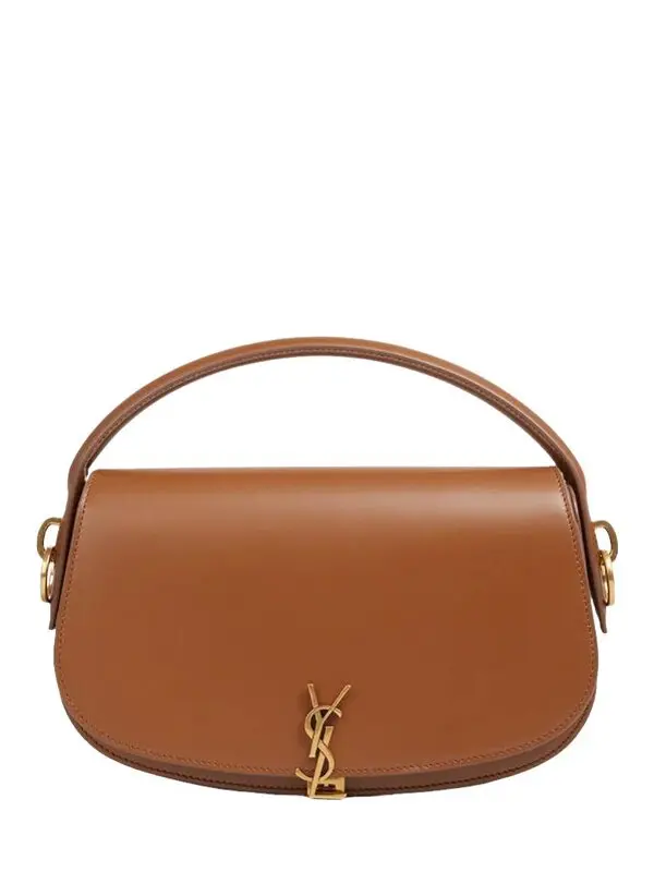Saint Laurent Foldover Top Tote Bag With Logo Plaque - Camel