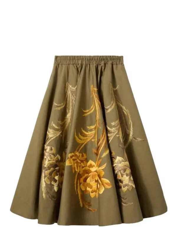 La DoubleJ Floral Embroidered Flared Skirt - Brown