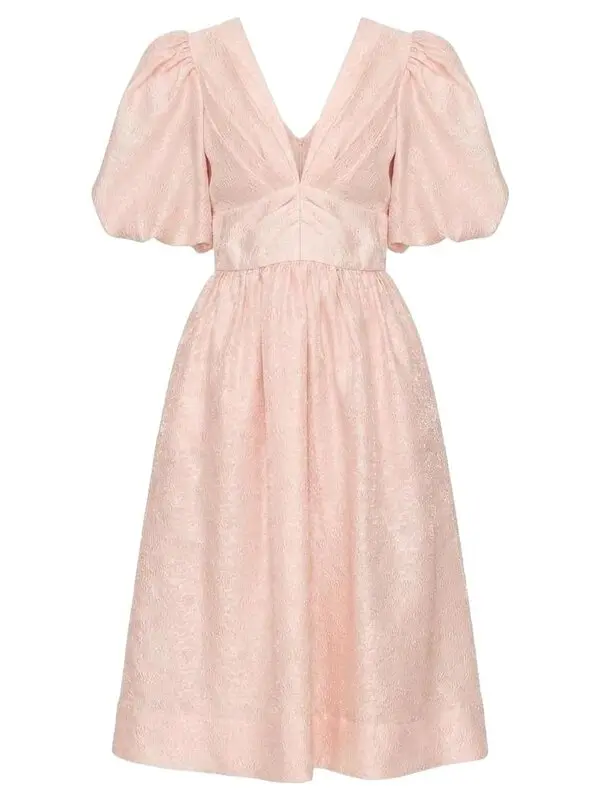 Sea Puff-sleeve V-neck Midi Dress - Pink
