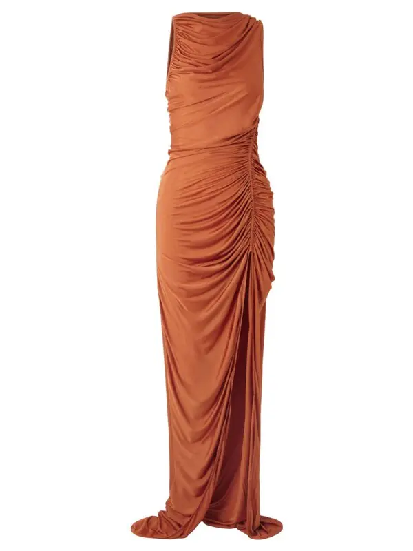 Rick Owens Sleeveless Pleated Maxi Dress With Side Slits - Orange