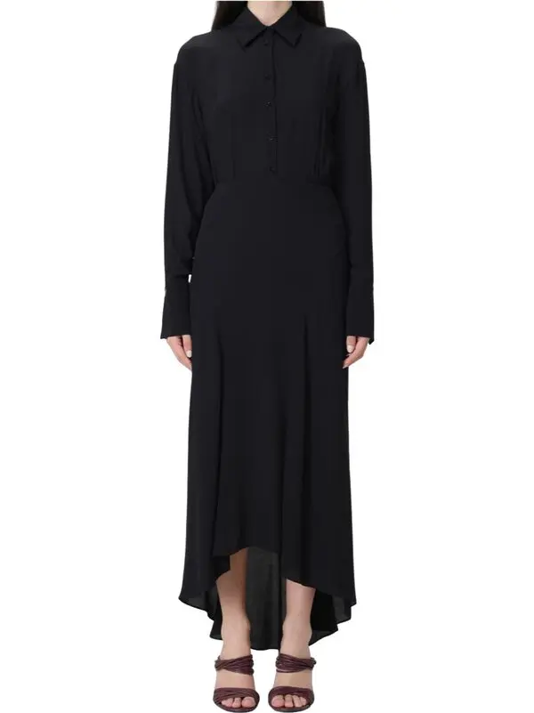 Patrizia Pepe Long Dress With Asymmetrical Hem And Drawstring Waist - Black