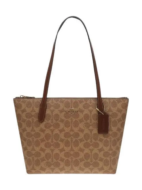 COACH Signature Canvas Zip Tote - Gold/havana/brown