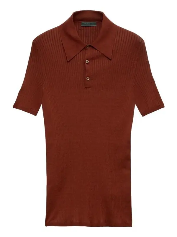 Prada Ribbed Knit Cotton Polo Shirt - Brown
