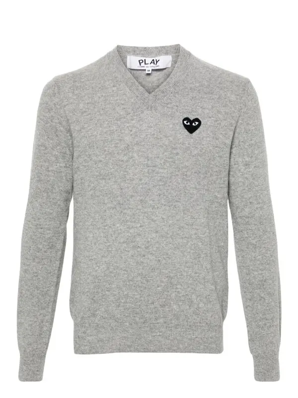 Play Comme Des Garcon V-neck Sweater With Heart Applique - Light Grey